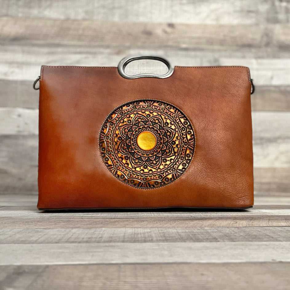 “FEDERICA”Genuine Leather Bag with Tooled Mandala Details