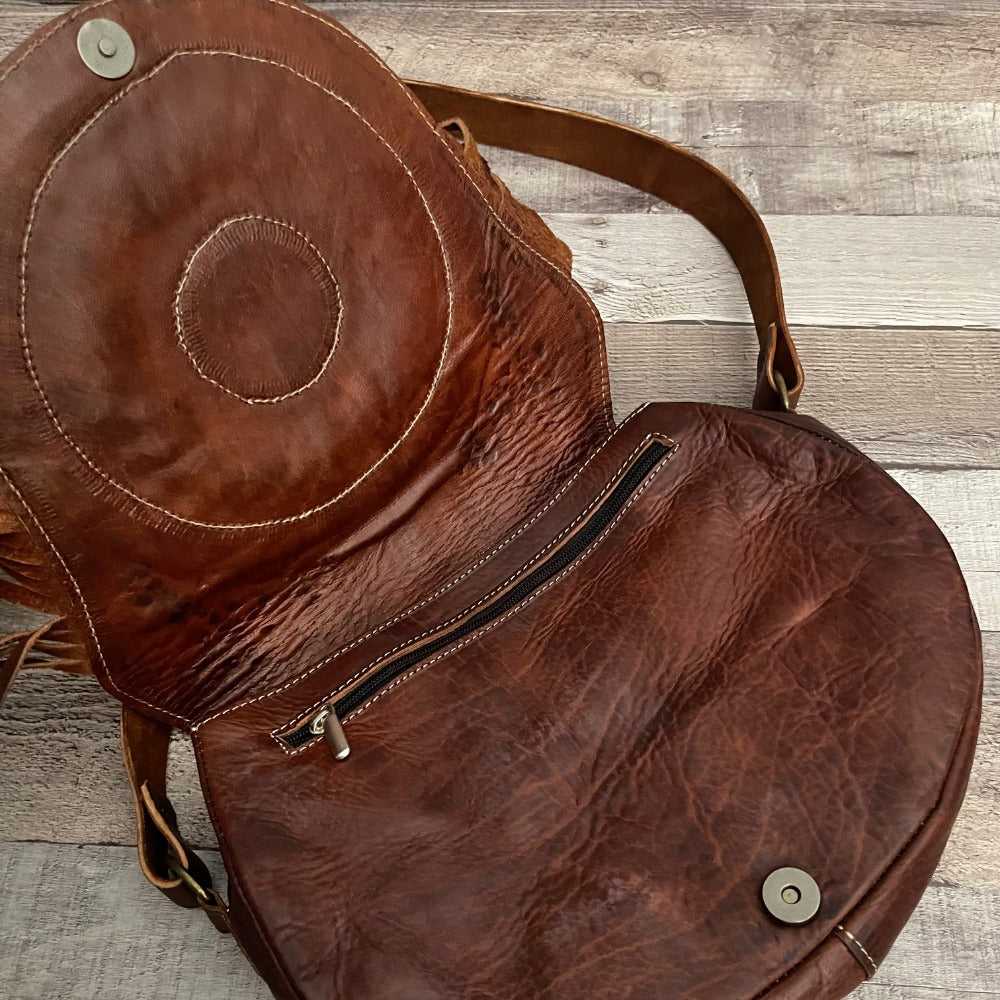 “MOROCCAN SUN” Moroccan Tooled Leather Bag with Sunflower Design