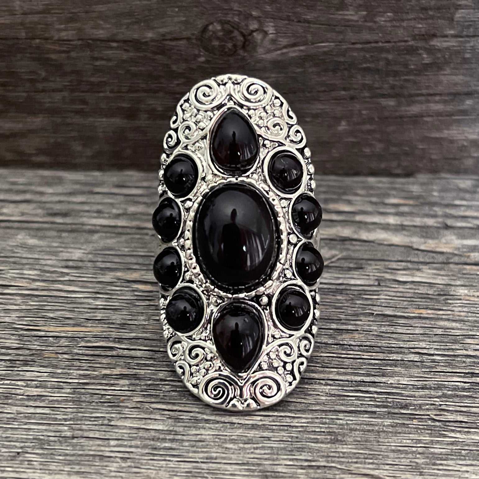 Silver Black Onyx Flower Closed Ring - Size 8 | Boho Black Onyx Ring